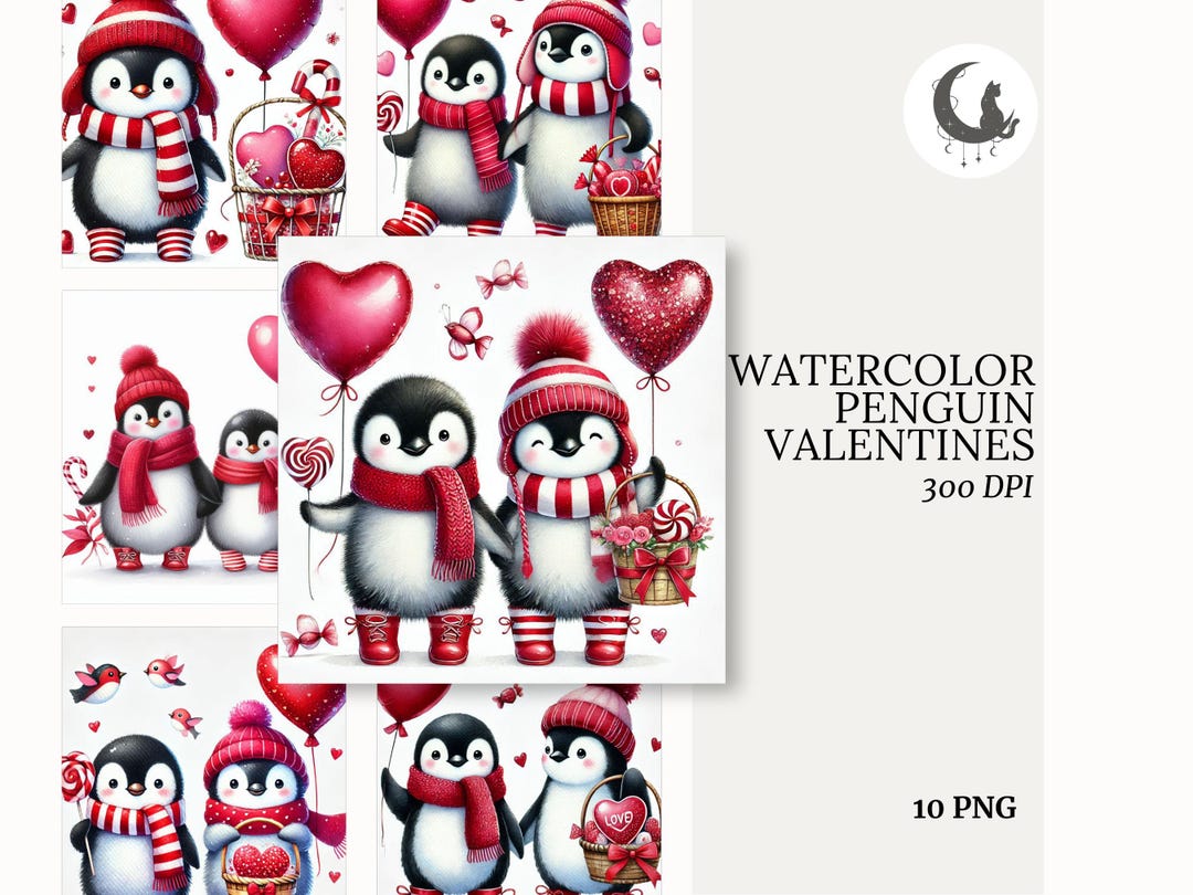 Watercolor Valentines Penguins Clipart Set of 10 High Quality 300 DPI ...