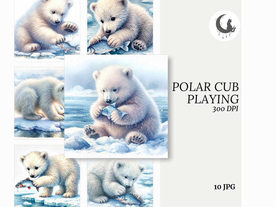 Polar Bear Playing With Fish Watercolor Clipart Set of 10 High Quality ...