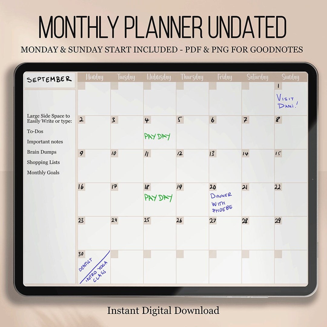 Simple Digital Monthly Planner, Undated Monthly Calendar, Undated ...