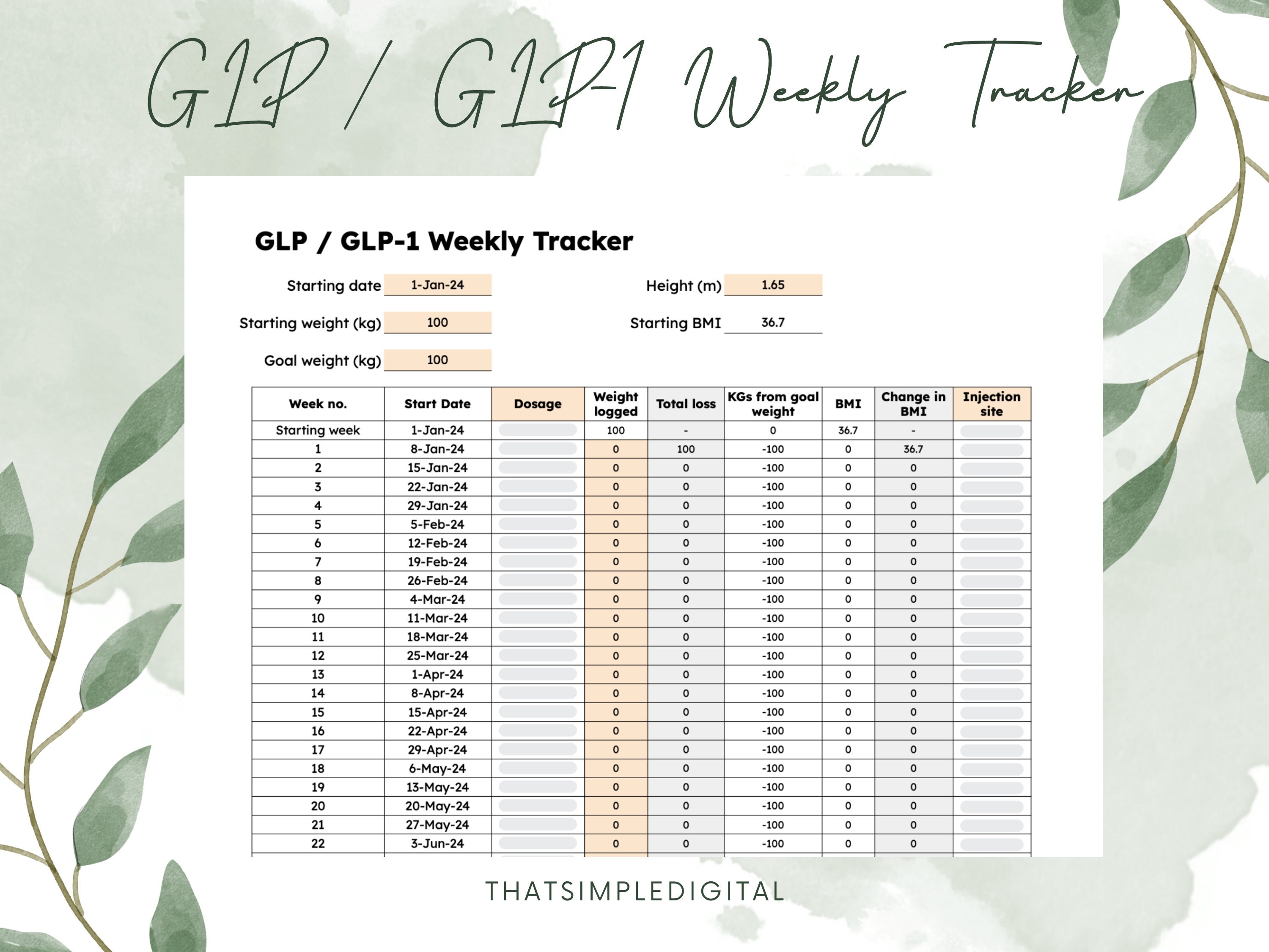 Weekly GLP / GLP-1 Tracker KG Single Tab for Easy Use - Etsy