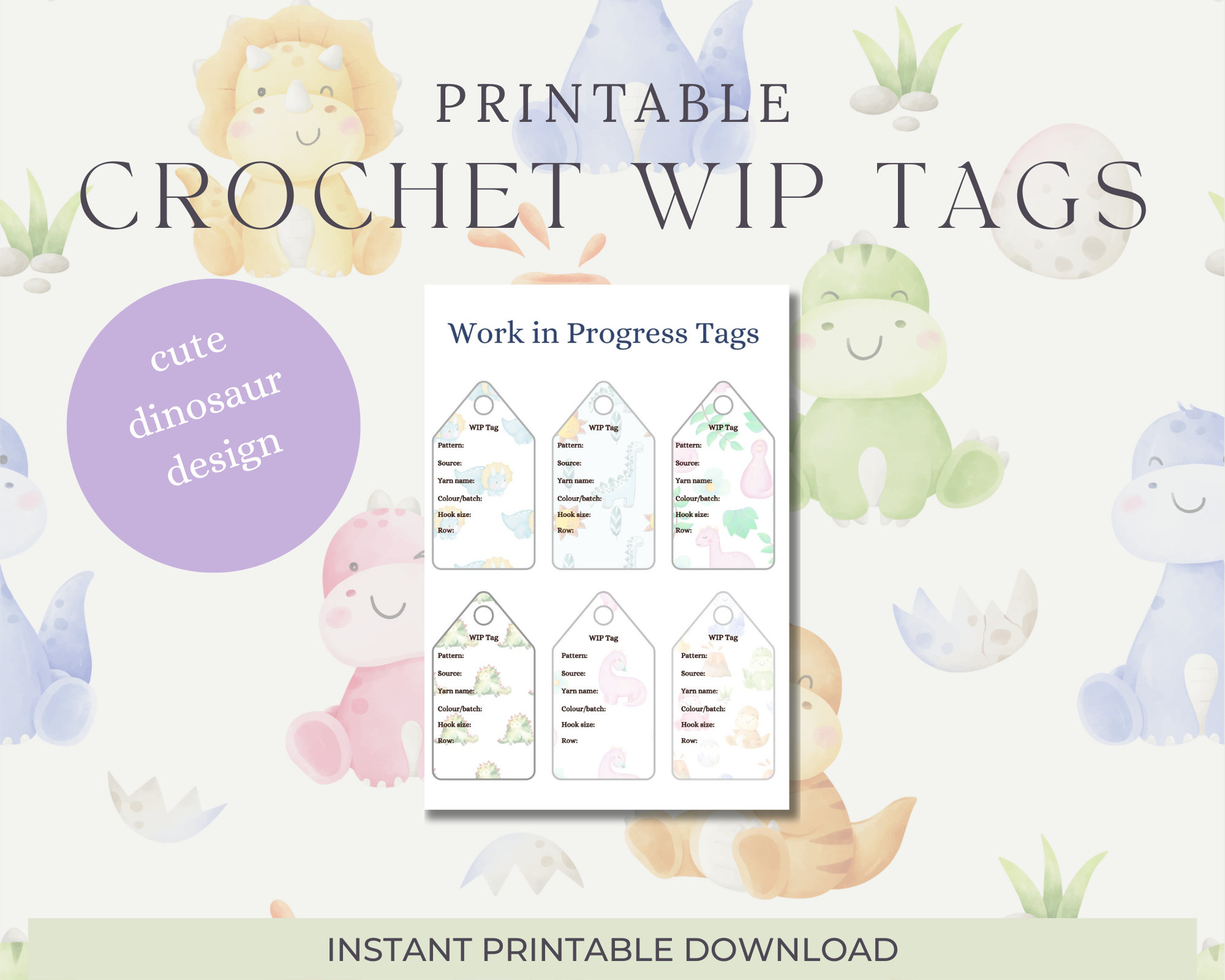 Printable Crochet Project Tags, Dinosaur Design (PDF) - Etsy