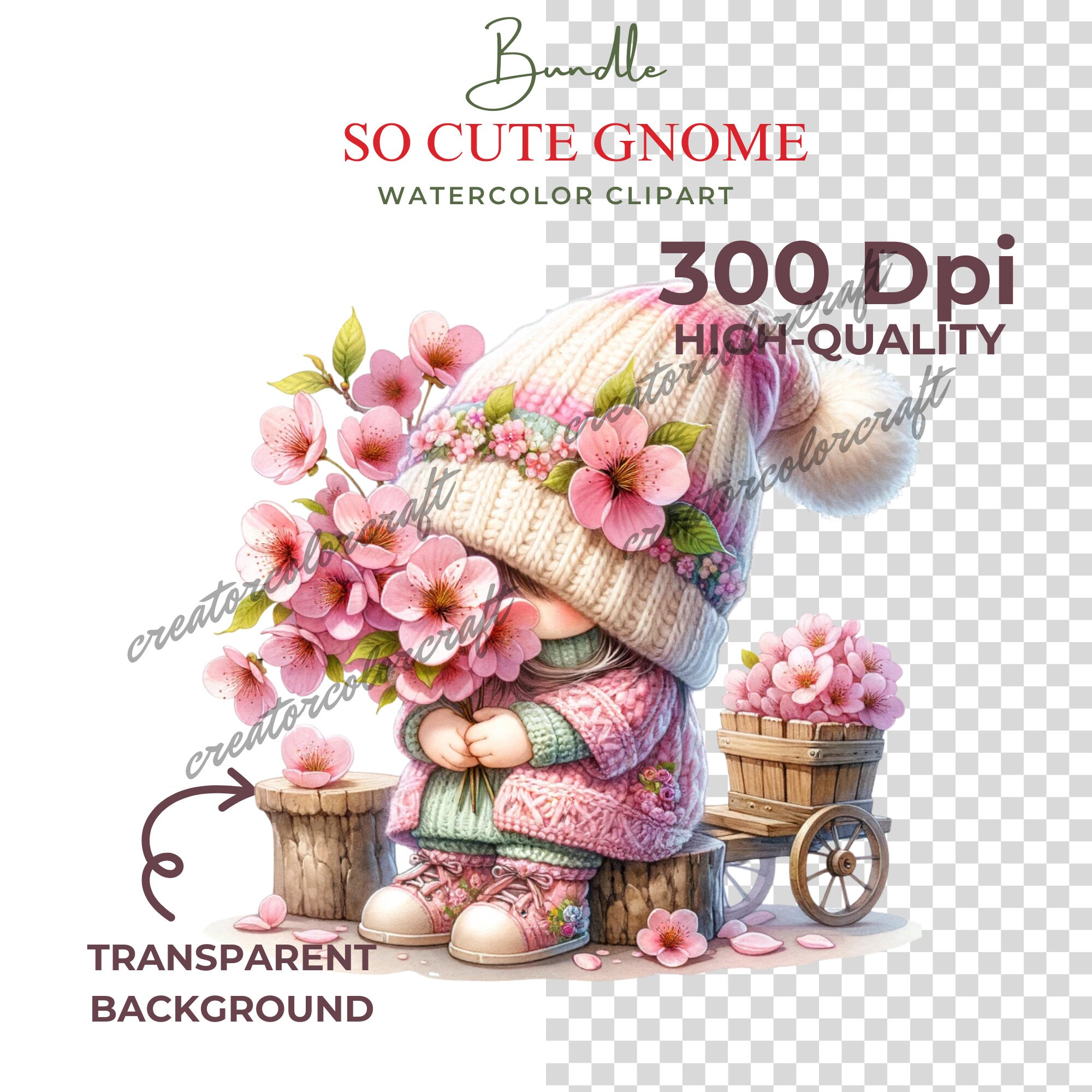 Pink Cherry Blossom Gnome Clipart, Garden Clipart, Spring Gnome Png ...