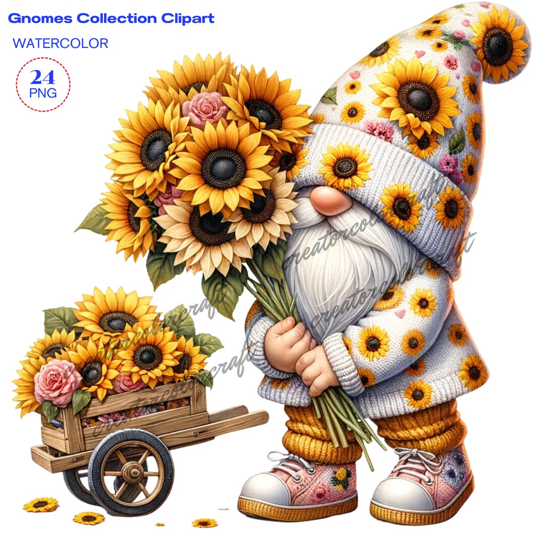 Sunflower Gnome Clipart, Bundle Png, Garden Clipart, Spring Gnome Png ...