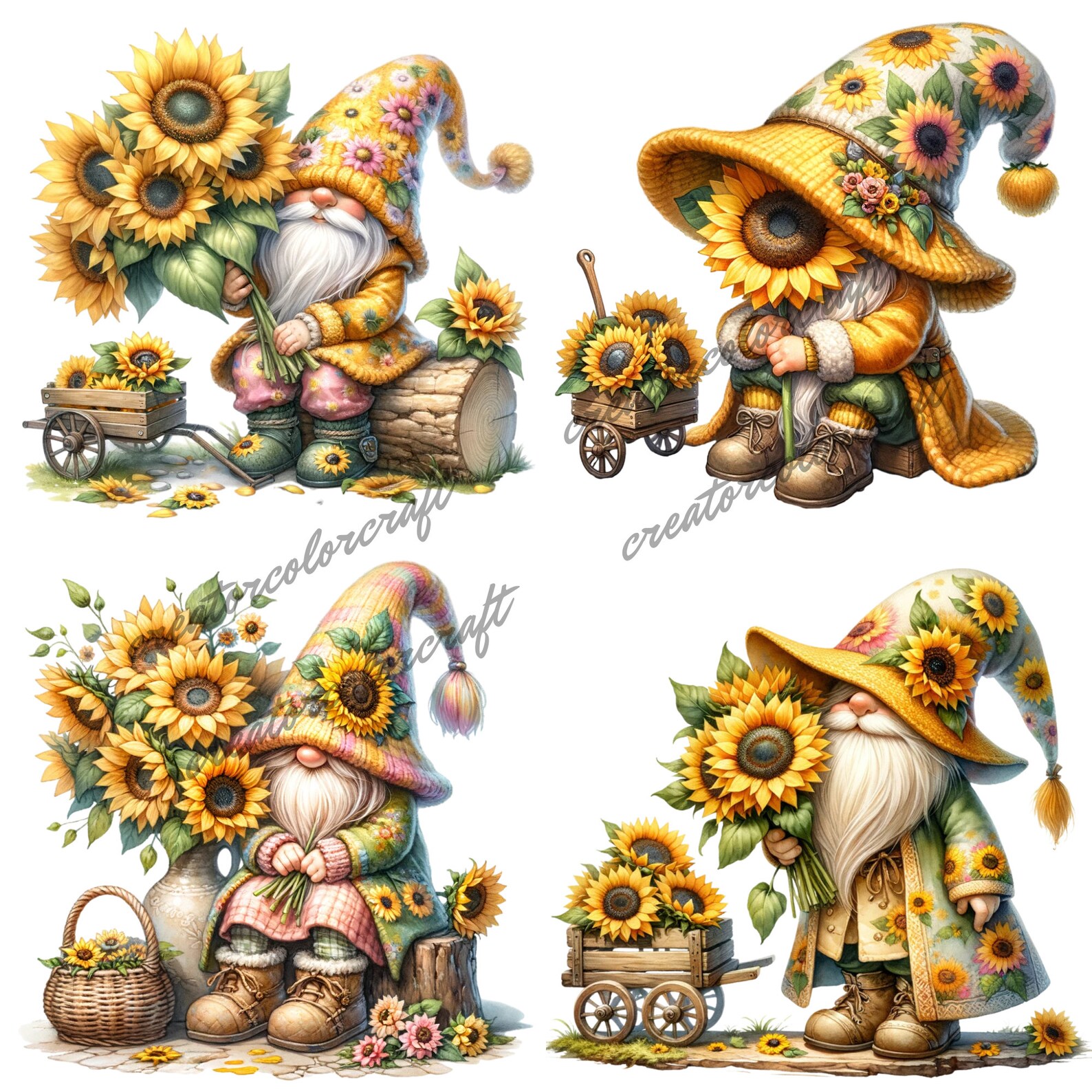 Sunflower Gnome Clipart, Bundle Png, Garden Clipart, Spring Gnome Png ...