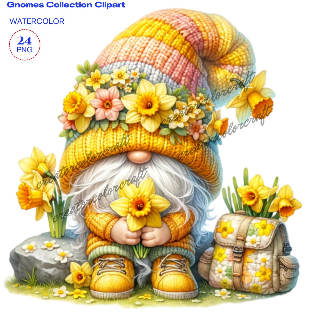 Daffodil Gnomes Clipart, Flower Gnome, Garden Gnome Clipart, Spring Gnomes, Gnome With Flowers ...