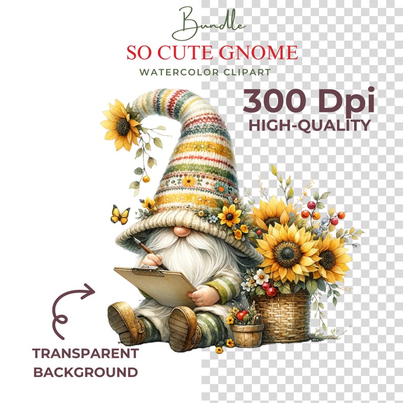 Sunflower Gnome Clipart, Bundle Png, Garden Clipart, Spring Gnome Png ...