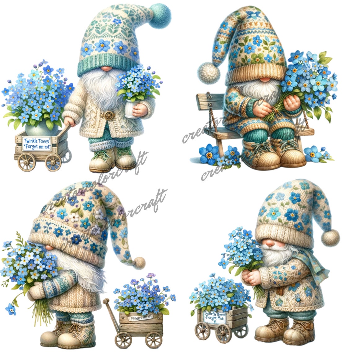 Forget Me Not Gnome Clipart, Bundle Png, Garden Clipart, Spring Gnome ...