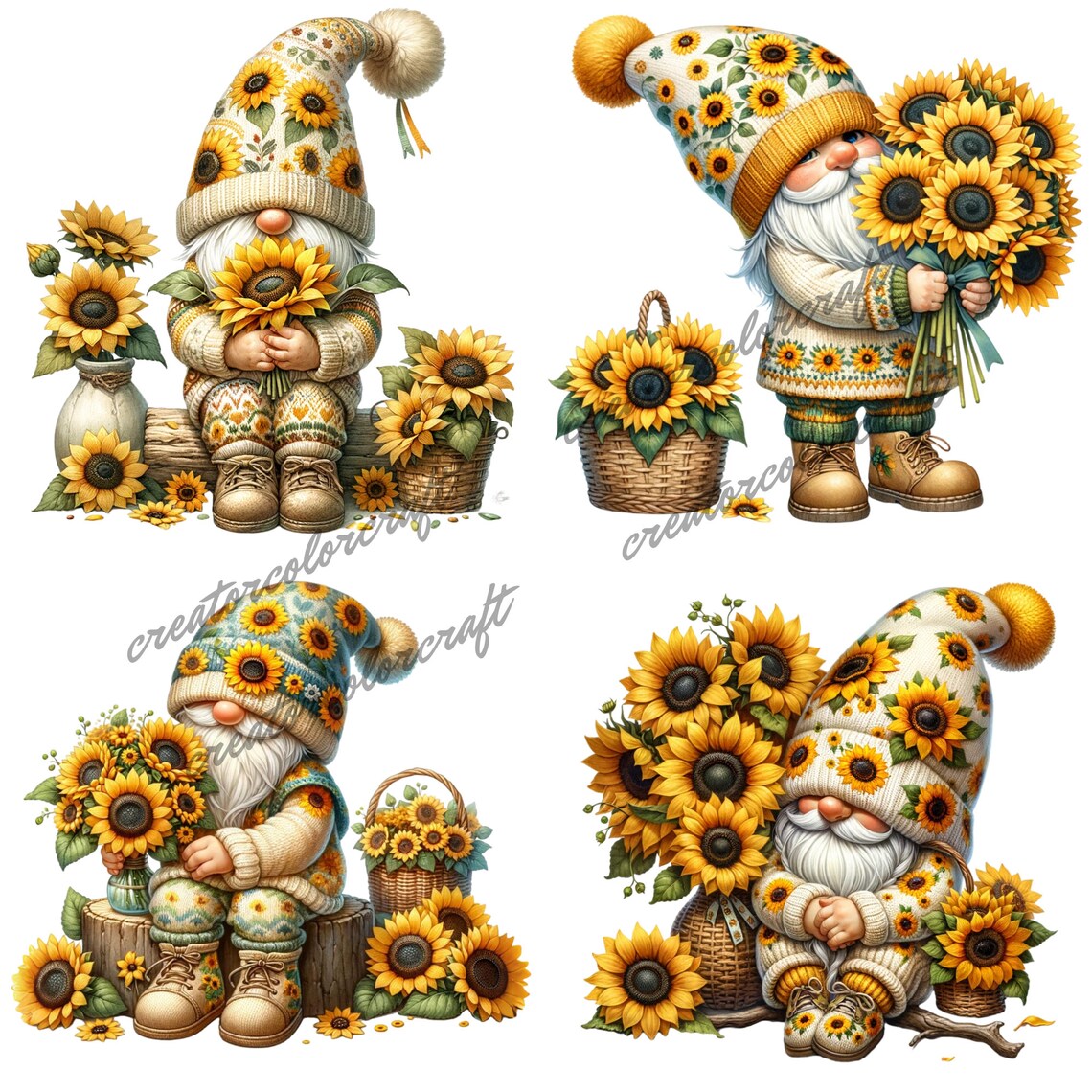 Sunflower Gnome Clipart, Bundle Png, Garden Clipart, Spring Gnome Png ...