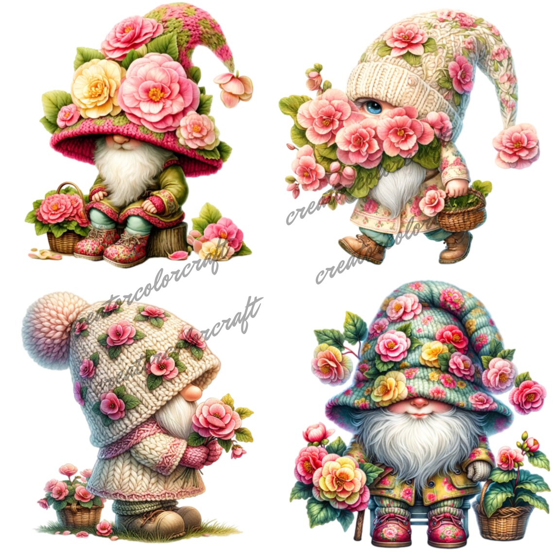 Begonia Flower Gnome Clipart, Bundle Png, Garden Clipart, Spring Gnome ...