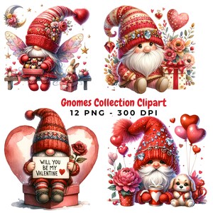 Valentines Gnomes Clipart, 12 PNG Gnomes Clipart, Cute Valentine Gnome ...