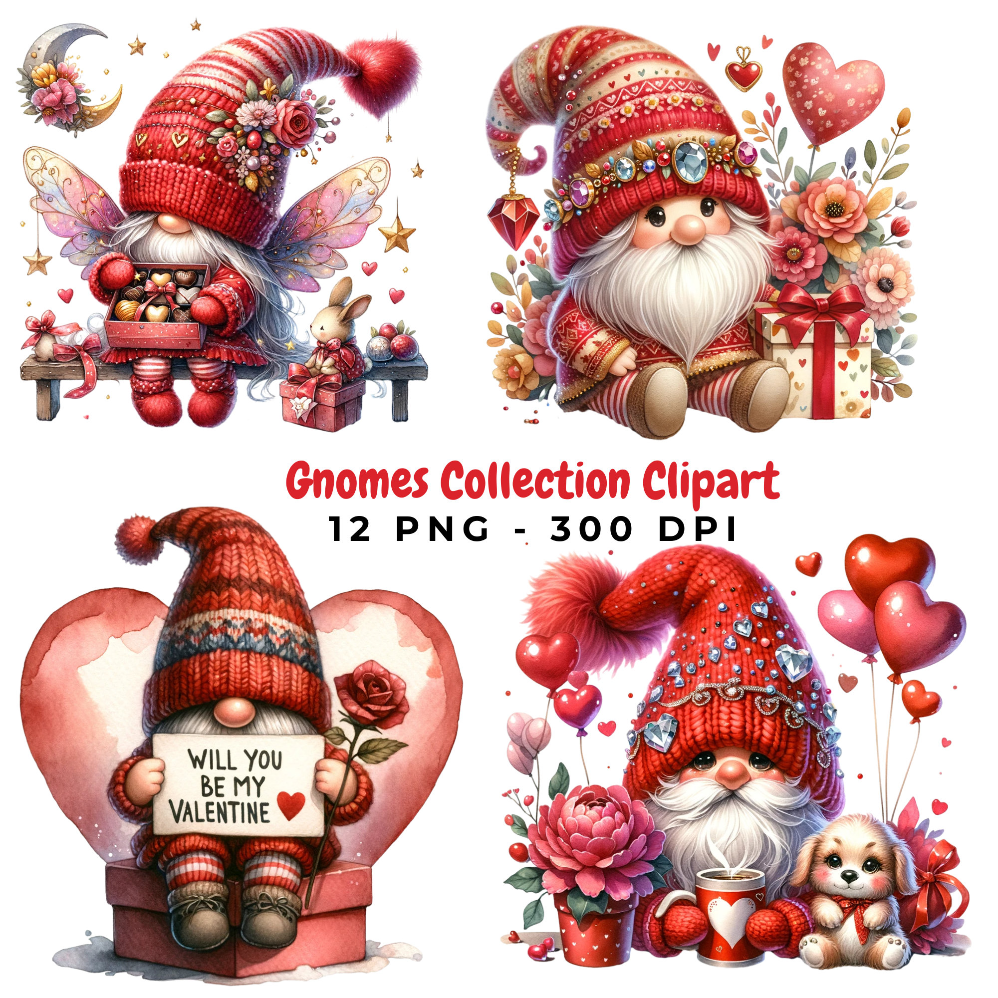 Valentines Gnomes Clipart, 12 PNG Gnomes Clipart, Cute Valentine Gnome ...