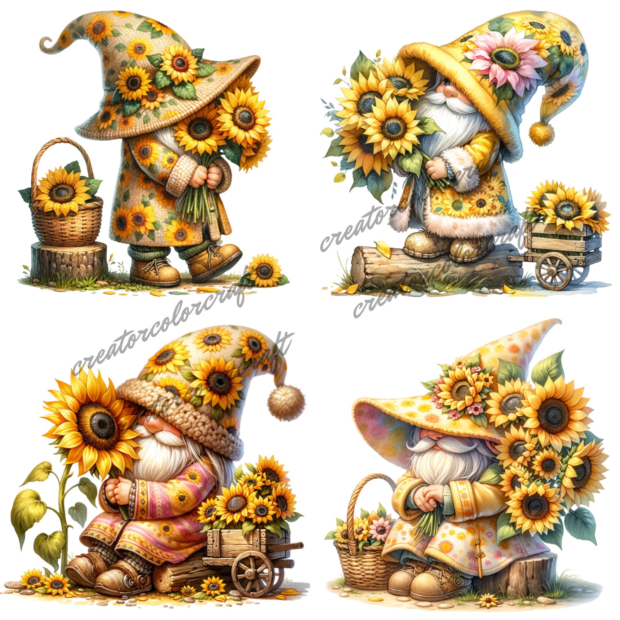 Sunflower Gnome Clipart, Bundle Png, Garden Clipart, Spring Gnome Png ...