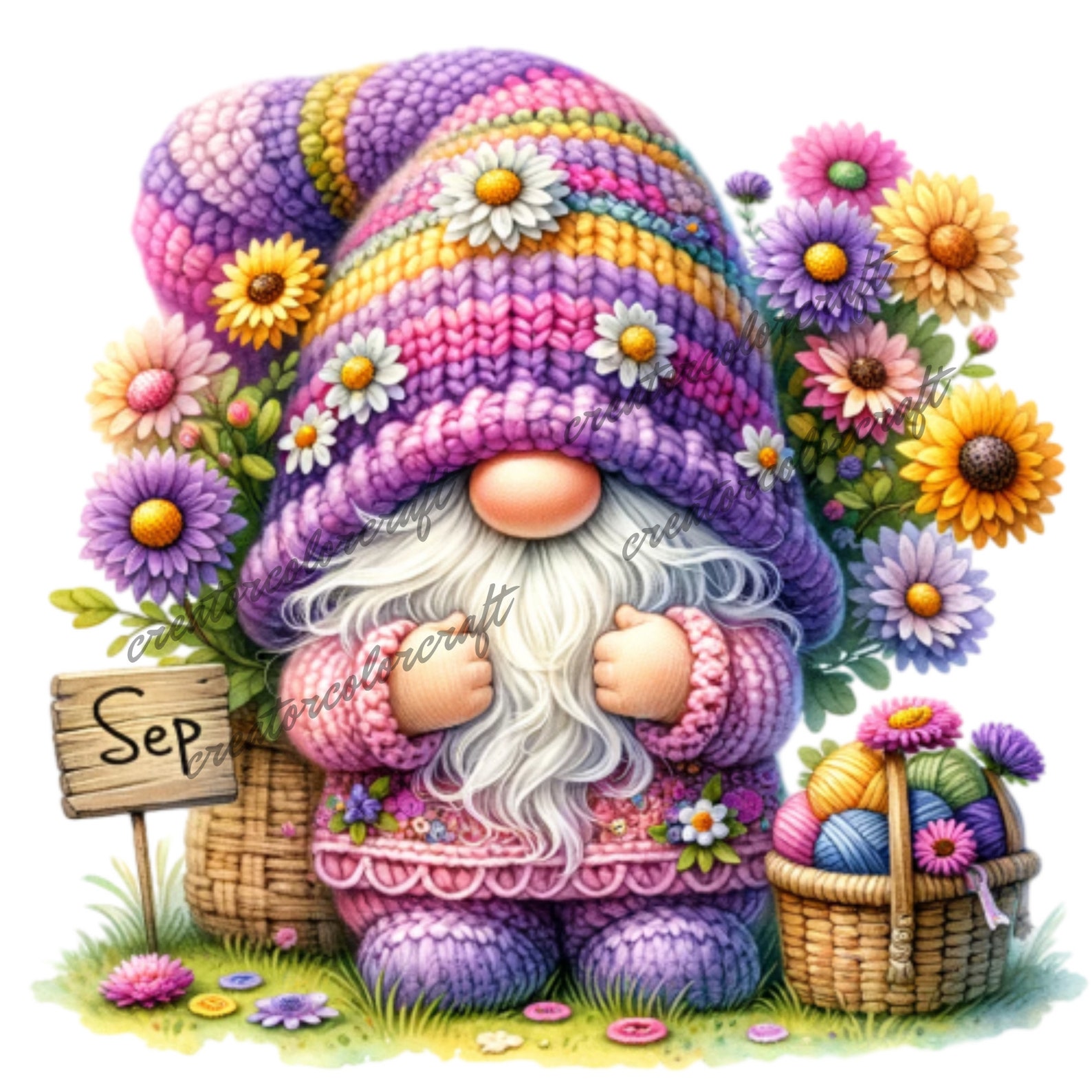 Birth Month Flower Gnome Watercolor Clipart, Birth Month Flower, Aster ...