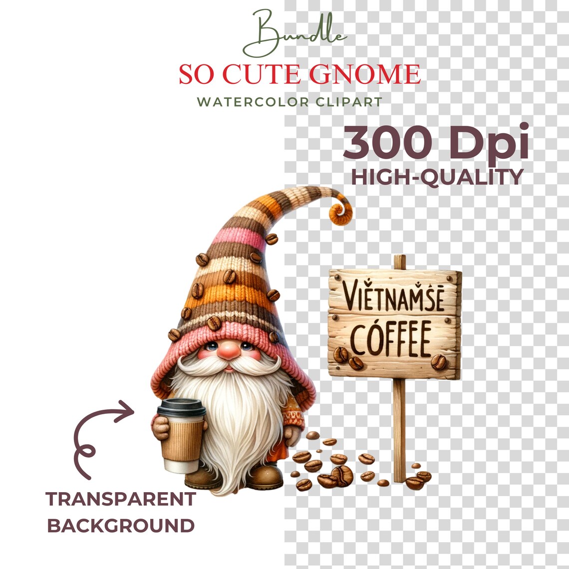 Coffee Gnome Clipart, Watercolor Gnome, Watercolor Clipart Bundle ...