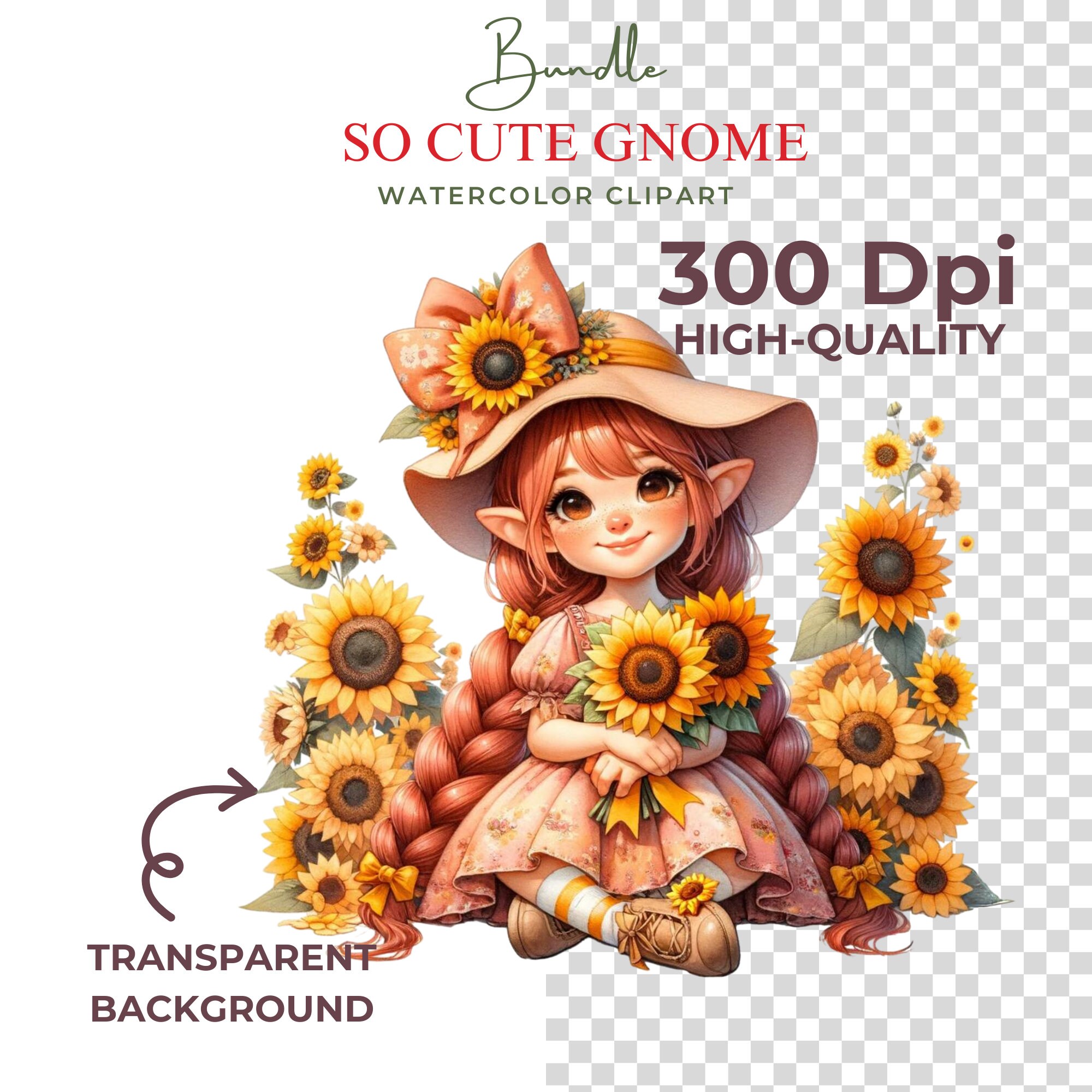 Sunflower Gnome Clipart, Bundle Png, Garden Clipart, Spring Gnome Png ...