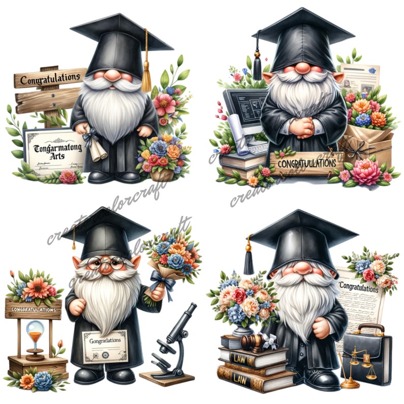 Watercolor Graduation Gnome Clipart PNG, Digital Download, Card Making ...