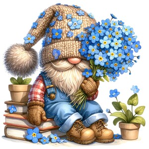 Forget Me Not Flower Gnome Clipart, Bundle Png, Garden Clipart, Spring ...