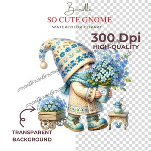 Forget Me Not Gnome Clipart, Bundle Png, Garden Clipart, Spring Gnome ...