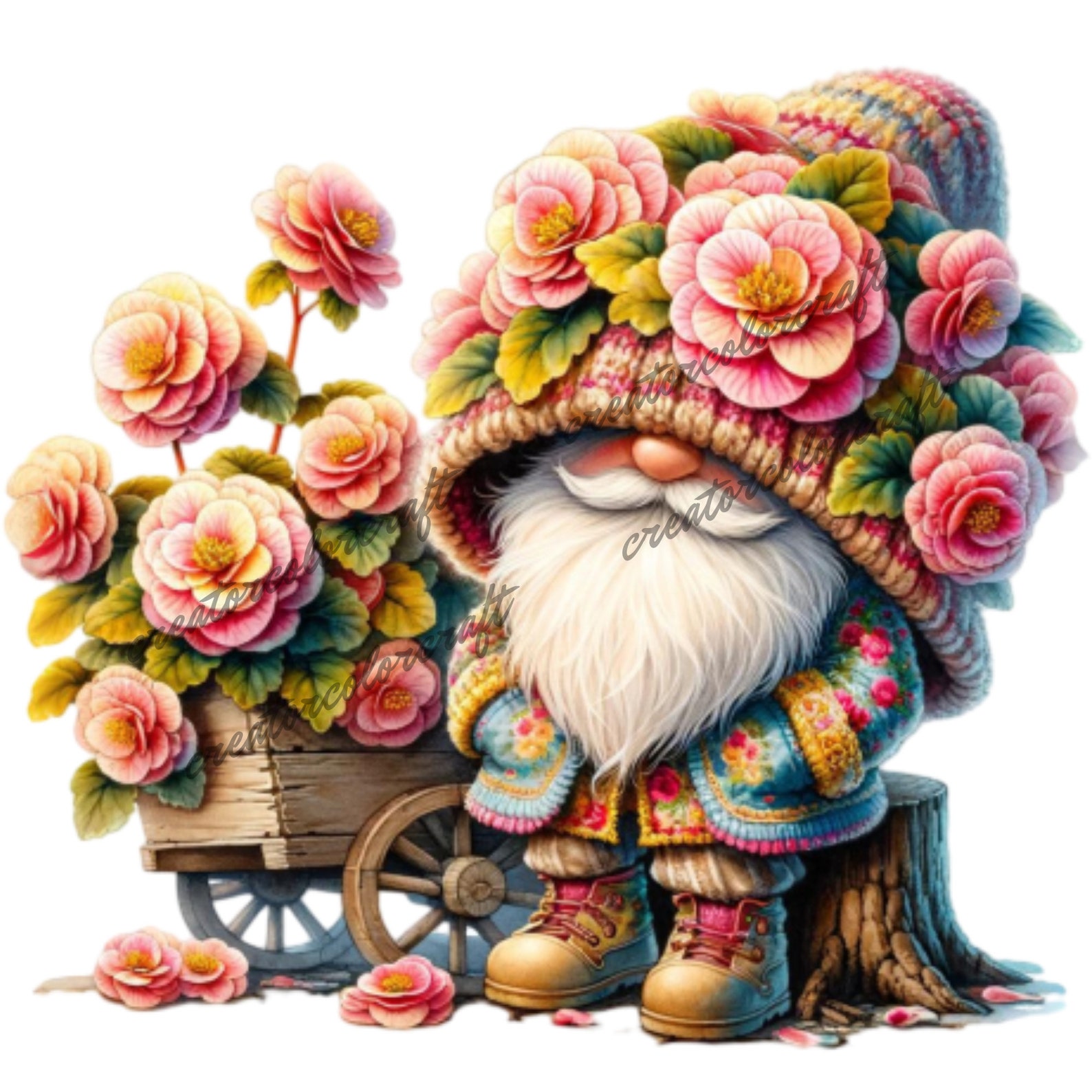 Begonia Flower Gnome Clipart, Bundle Png, Garden Clipart, Spring Gnome ...