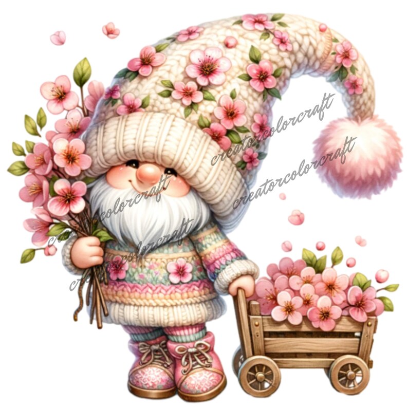 Pink Cherry Blossom Gnome Clipart, Garden Clipart, Spring Gnome Png ...