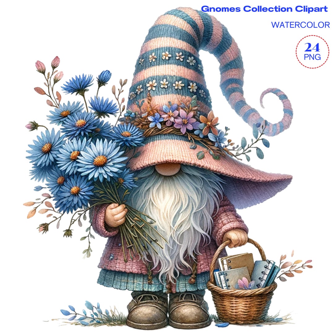 Blue Aster Flower Gnome Clipart, Bundle Png, Garden Clipart, Spring ...
