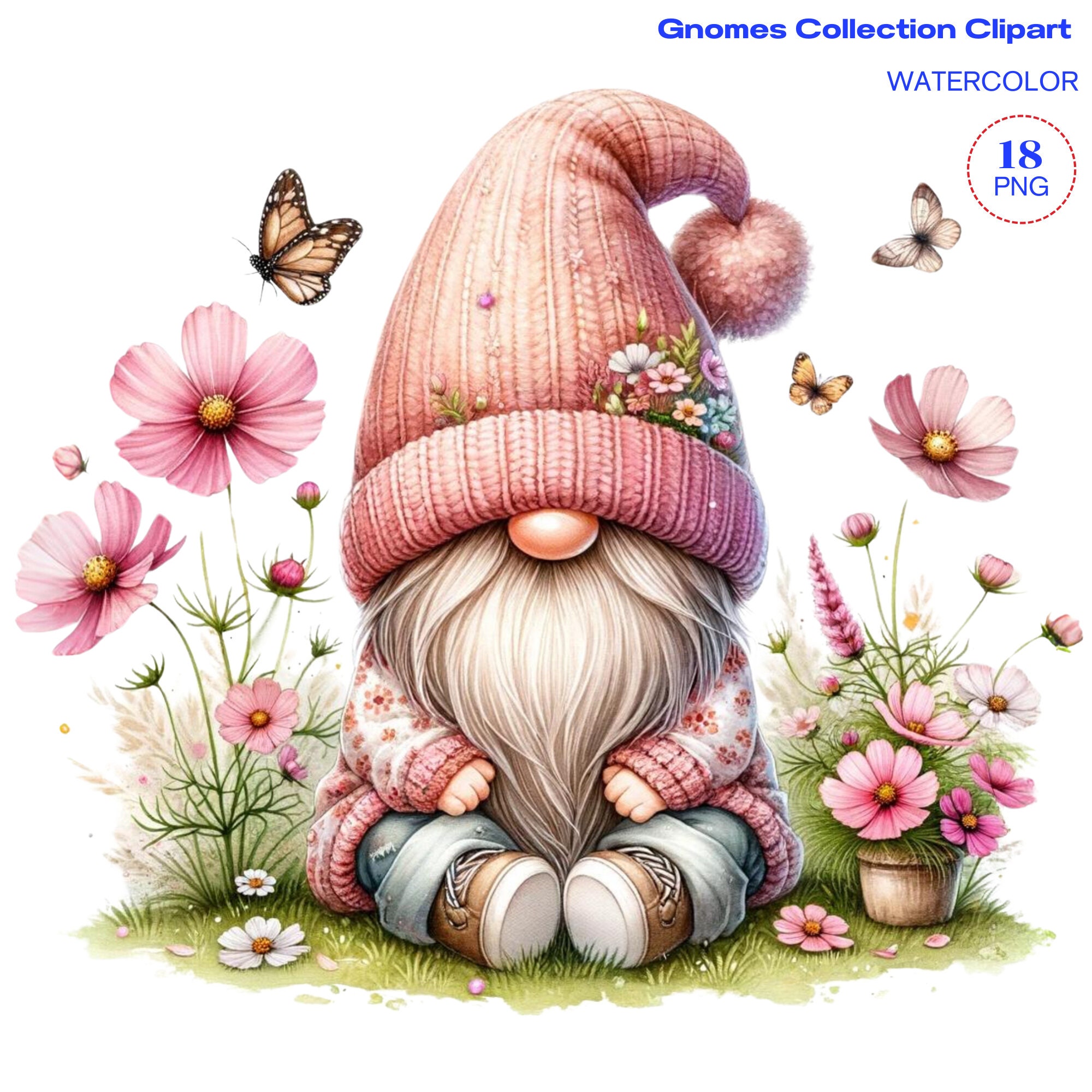 Cosmos Flower Gnome Clipart, Bundle Png, Garden Clipart, Spring Gnome ...