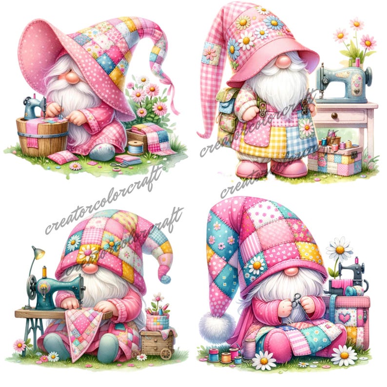 Patchwork Gnome Clipart, Sewing Gnome Clipart, Quilt Gnomes Clipart, Crafting Clipart, Knitting ...