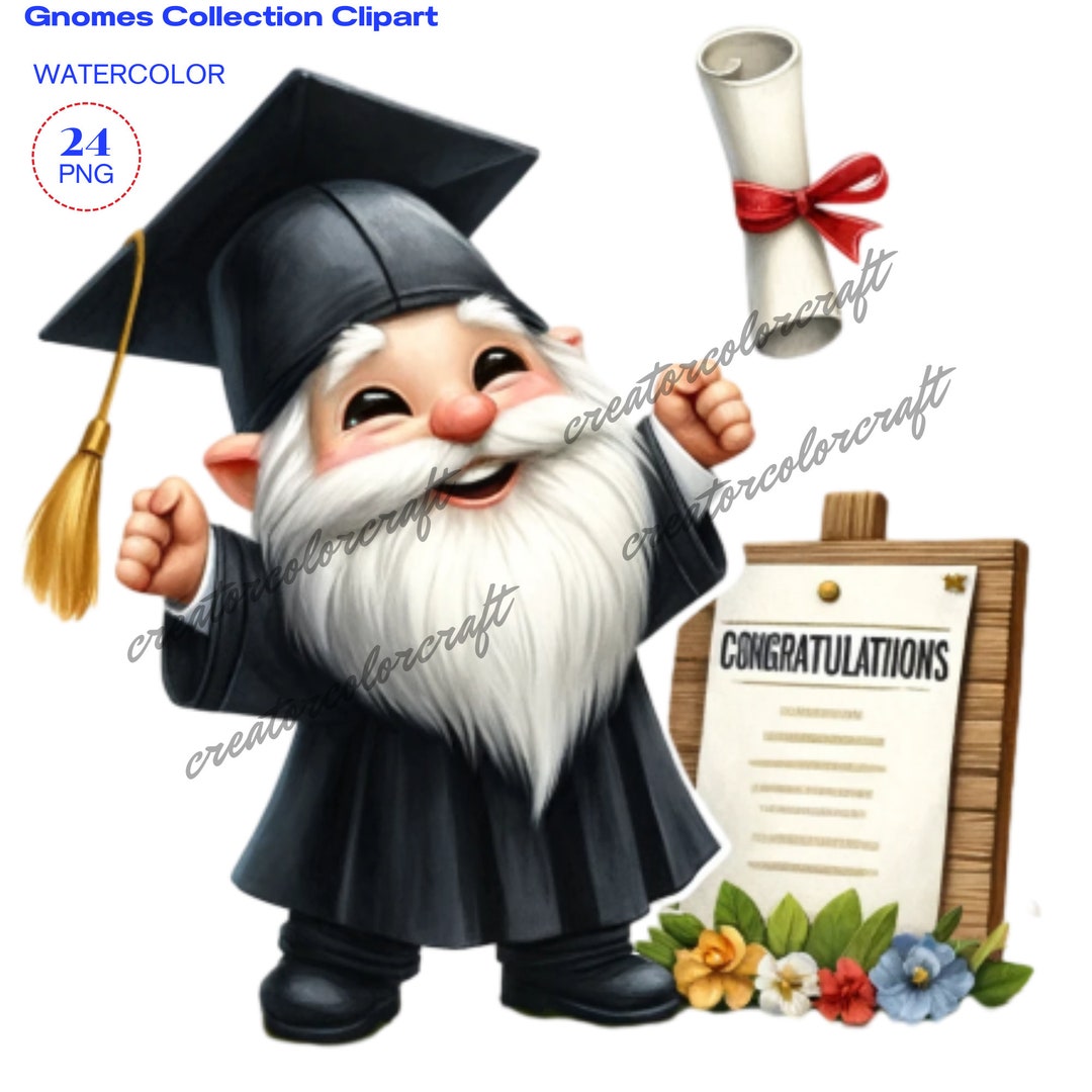 Watercolor Graduation Gnome Clipart PNG, Digital Download, Card Making ...