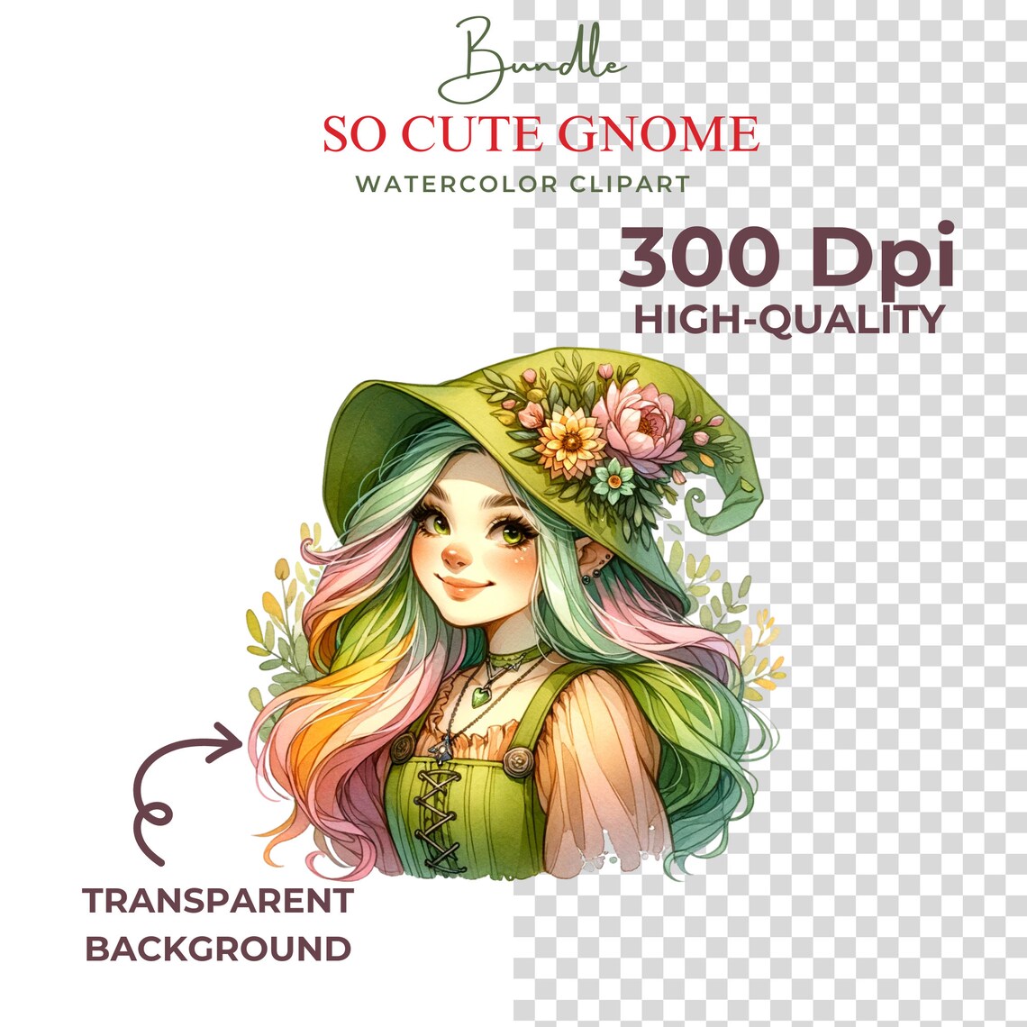 Girl Gnome Clipart, Gnome Clip Art, Spring Floral Watercolor Clipart ...