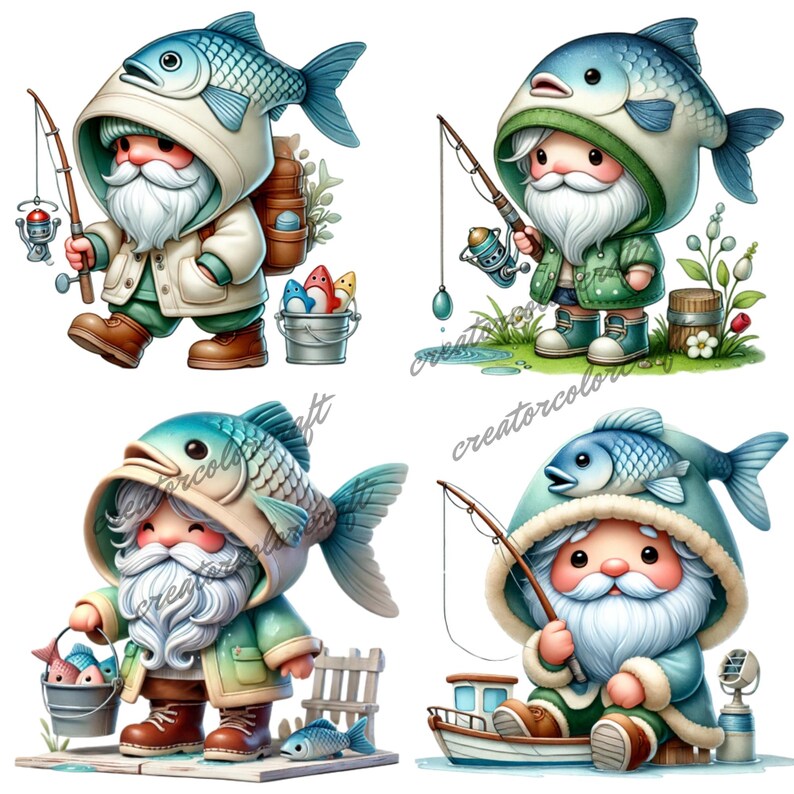 Fishing Gnome Clipart, Cute Gnomes Clipart, Fishing Clipart, Animal ...