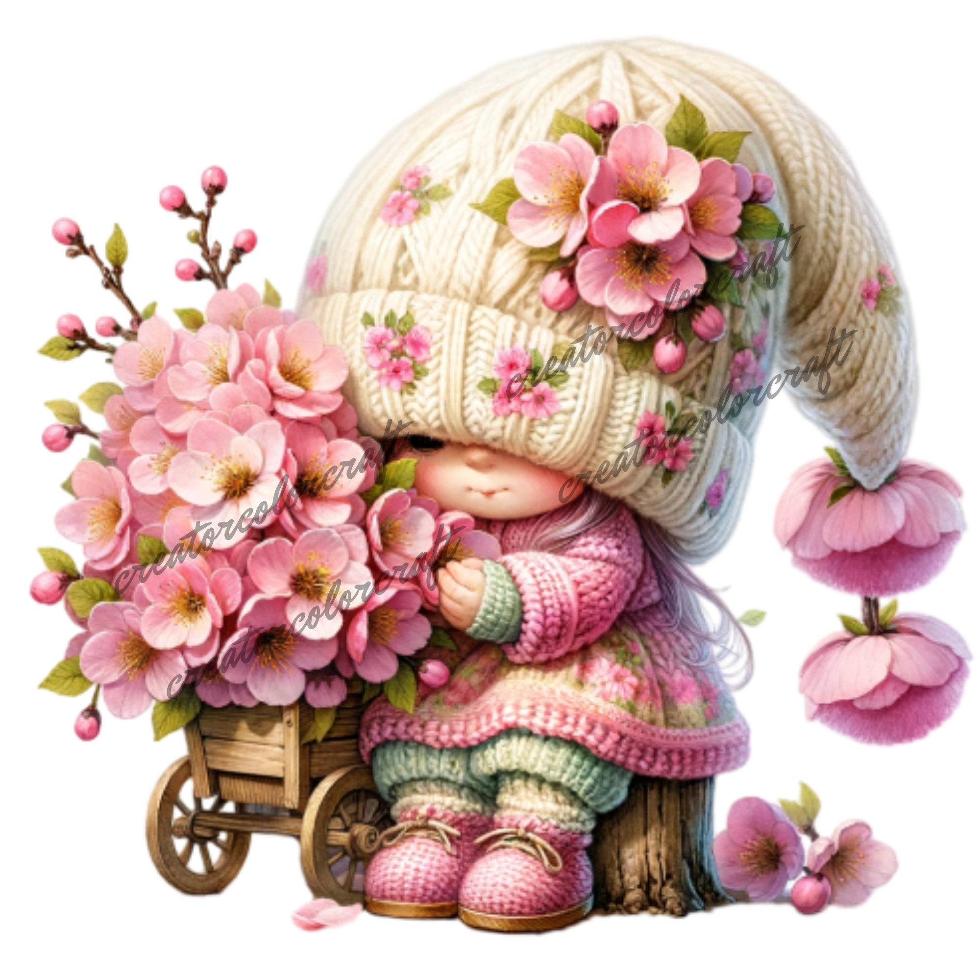 Pink Cherry Blossom Gnome Clipart, Garden Clipart, Spring Gnome Png ...