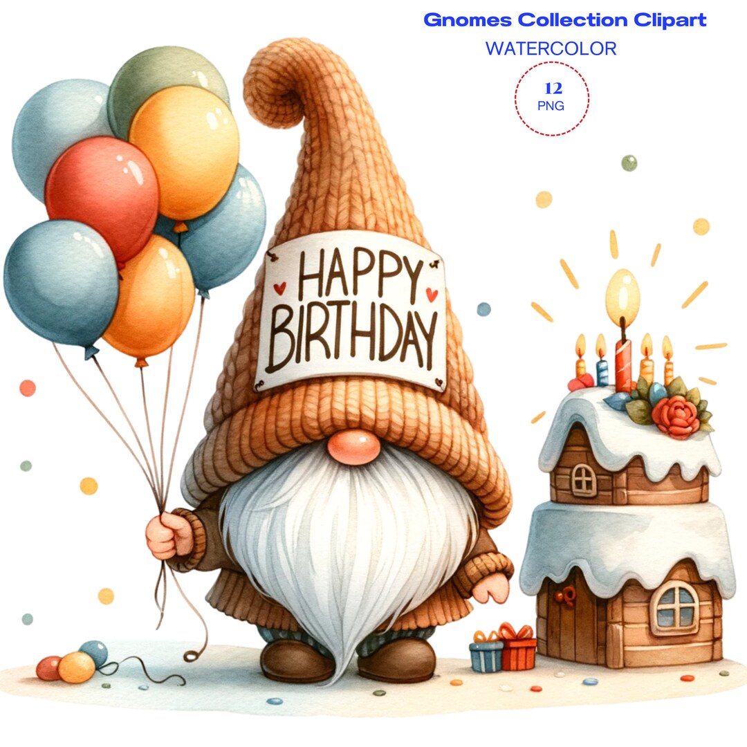 Birthday Gnome Watercolor Clipart, 12 PNG Images (digital) - Etsy