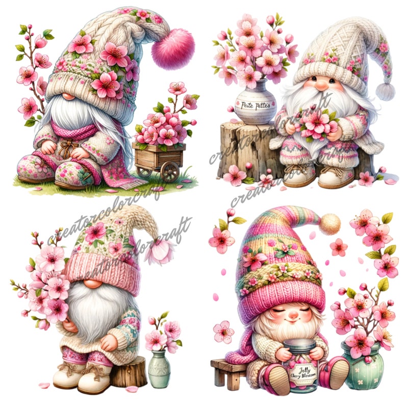 Pink Cherry Blossom Gnome Clipart, Garden Clipart, Spring Gnome Png ...