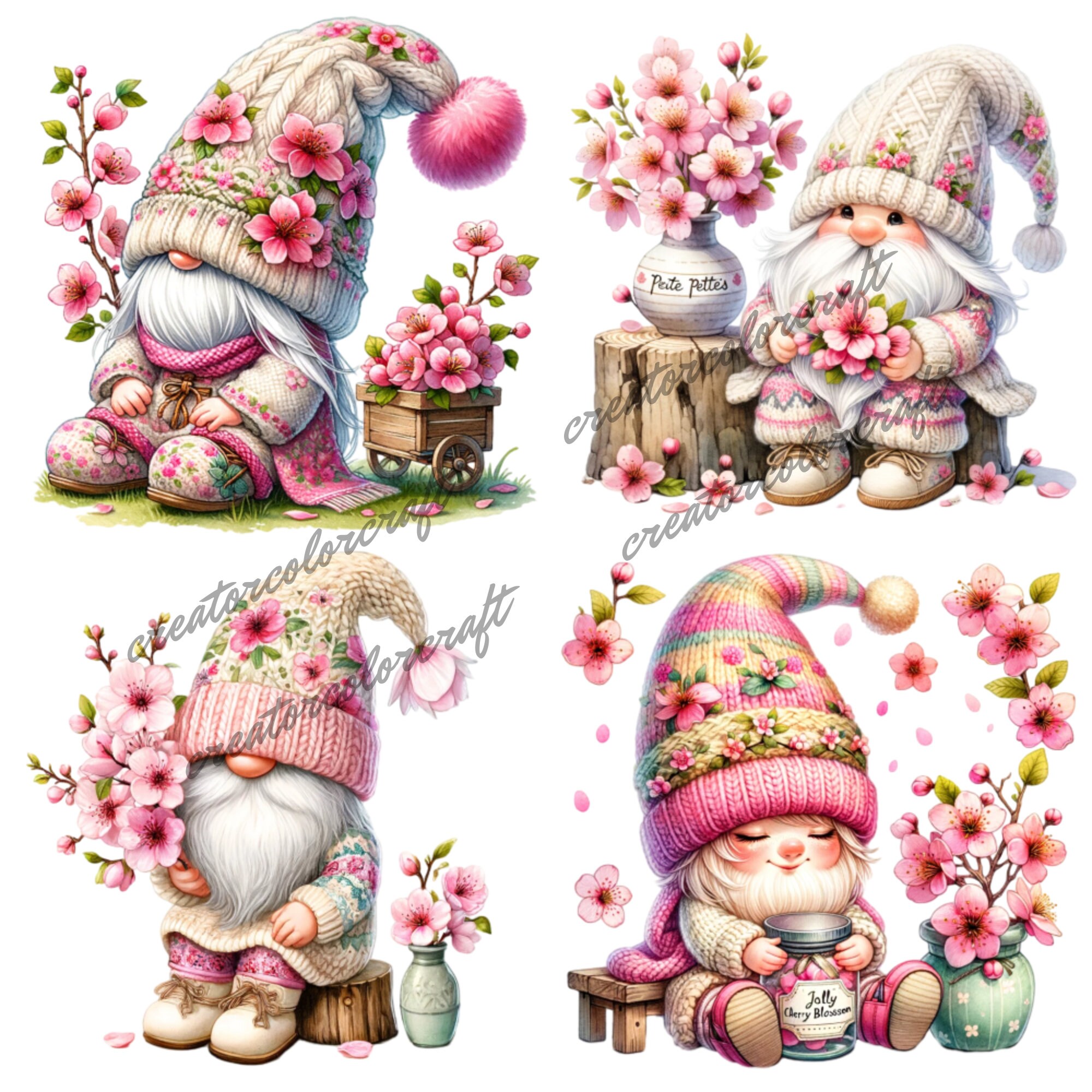Pink Cherry Blossom Gnome Clipart, Garden Clipart, Spring Gnome Png ...