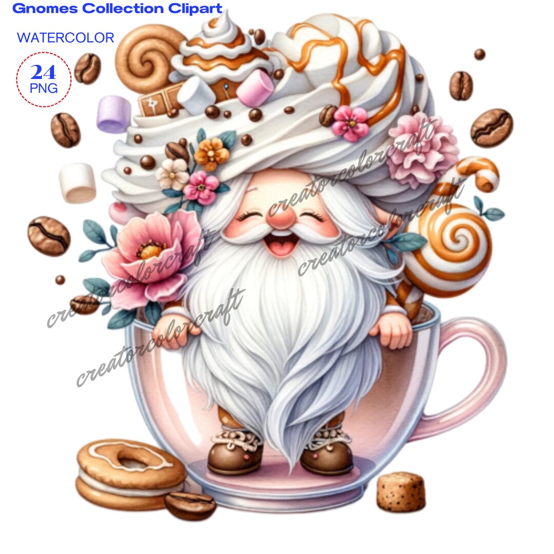 Coffee Gnome Clipart, Watercolor Gnome, Watercolor Clipart Bundle ...