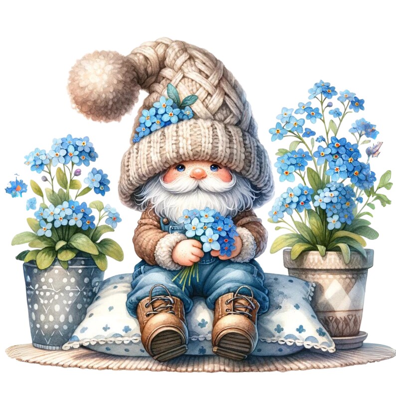 Forget Me Not Flower Gnome Clipart, Bundle Png, Garden Clipart, Spring ...