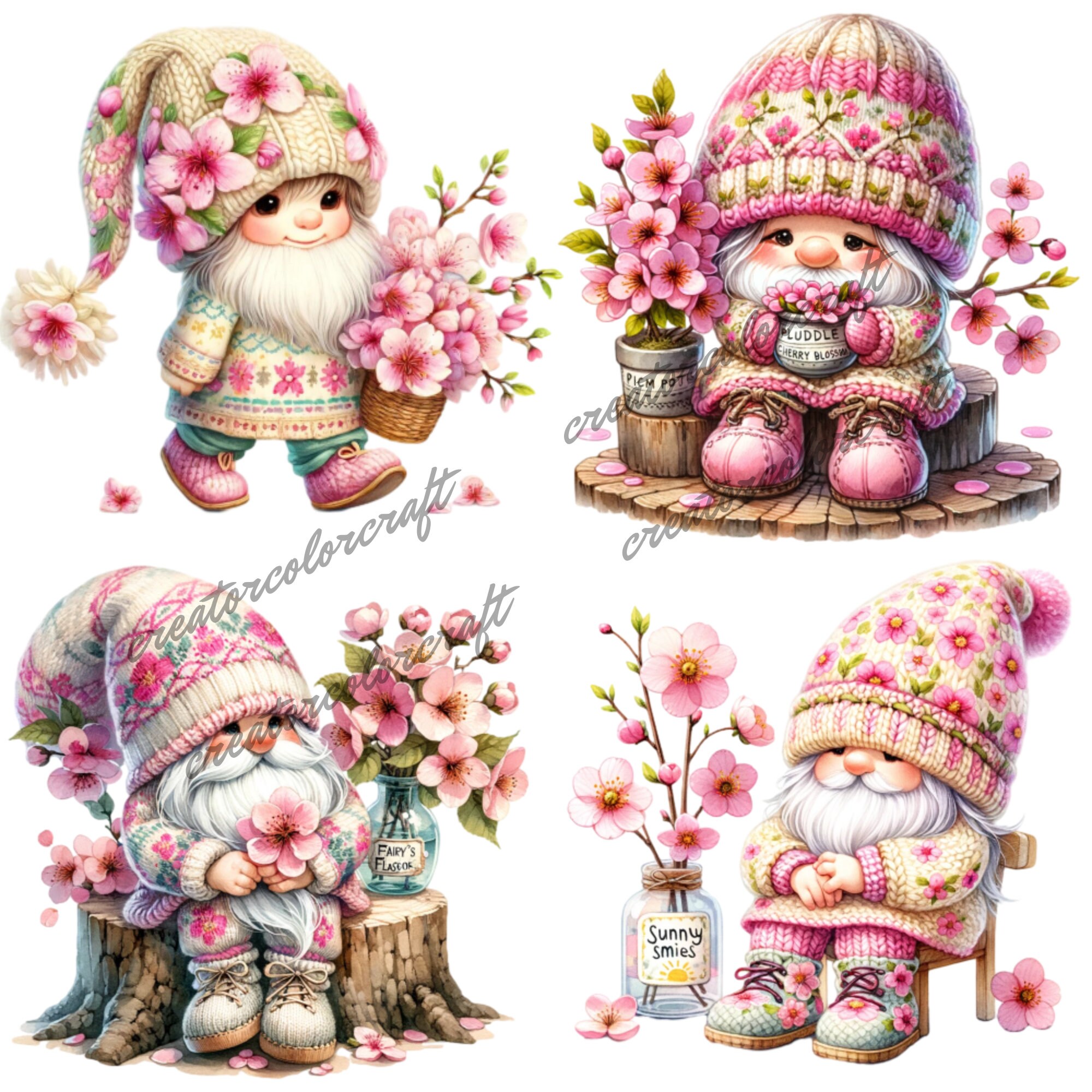 Pink Cherry Blossom Gnome Clipart, Garden Clipart, Spring Gnome Png ...