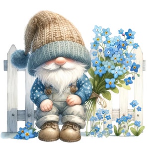Forget Me Not Flower Gnome Clipart, Bundle Png, Garden Clipart, Spring ...