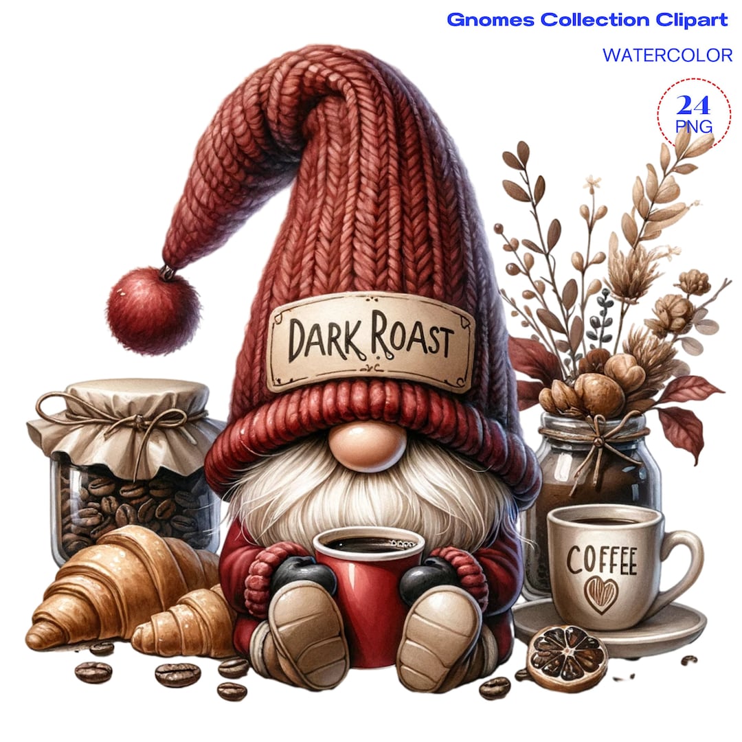 Coffee Gnome Clipart, Watercolor Gnome, Watercolor Clipart Bundle ...