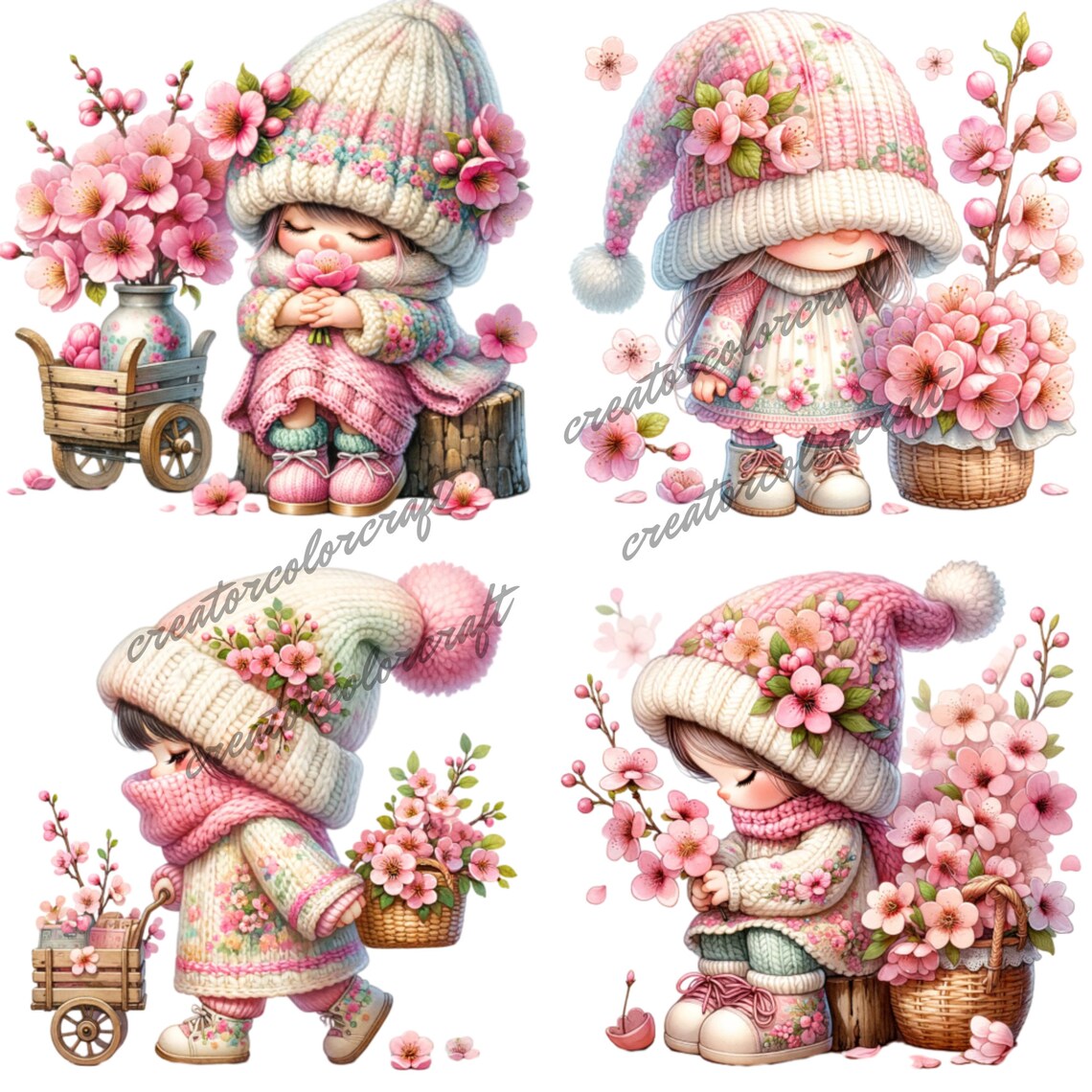 Pink Cherry Blossom Gnome Clipart, Garden Clipart, Spring Gnome Png ...