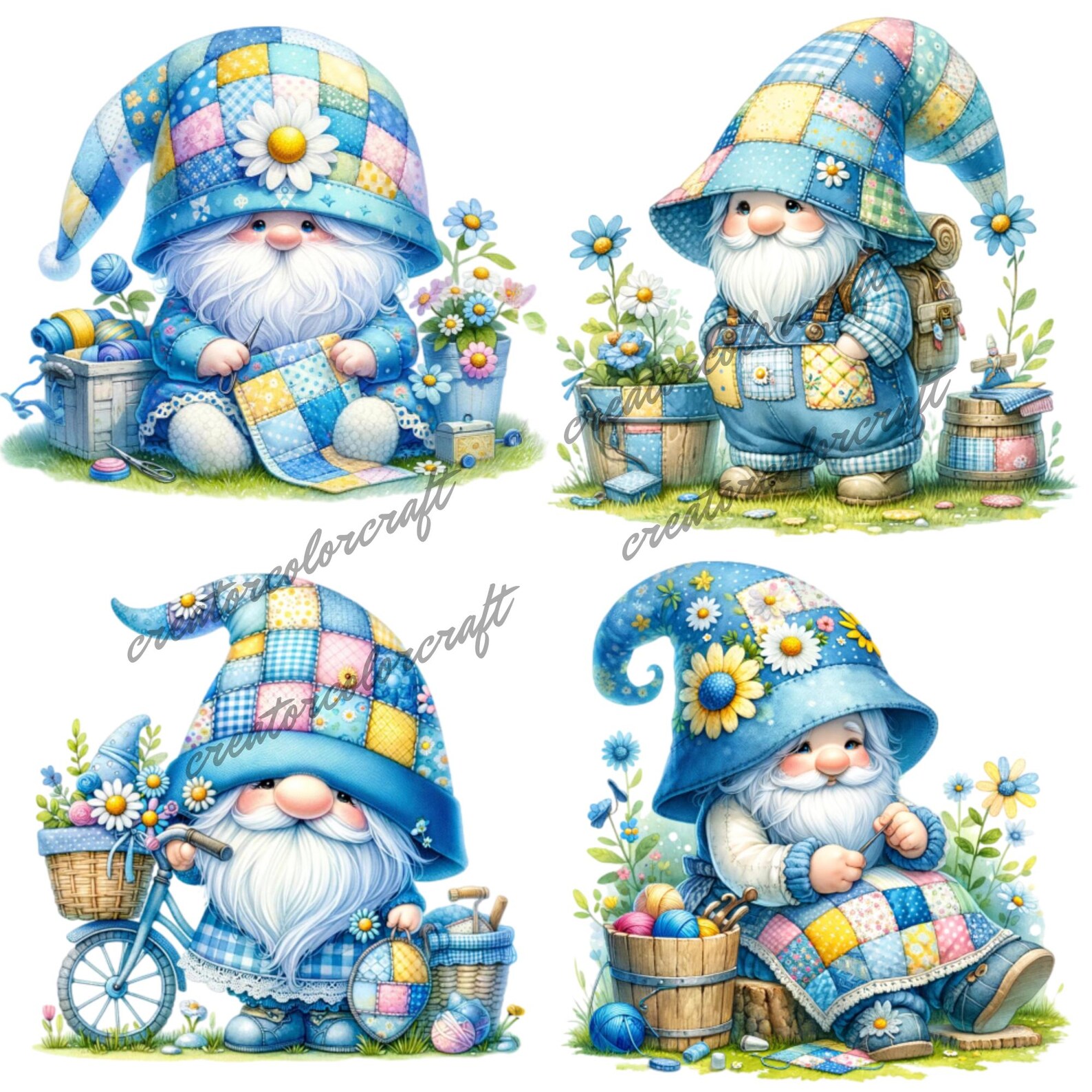 Patchwork Gnome Clipart, Sewing Gnome Clipart, Quilt Gnomes Clipart, Crafting Clipart, Knitting ...