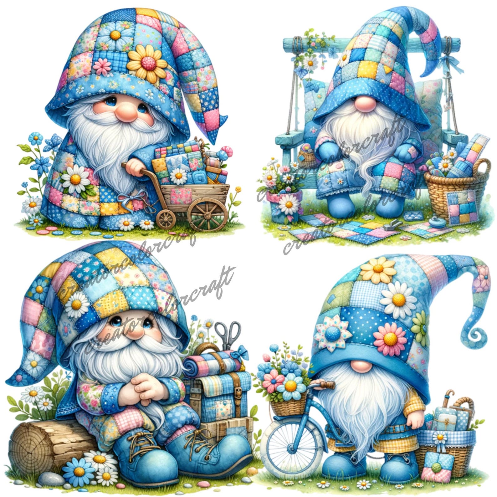 Patchwork Gnome Clipart, Sewing Gnome Clipart, Quilt Gnomes Clipart, Crafting Clipart, Knitting ...