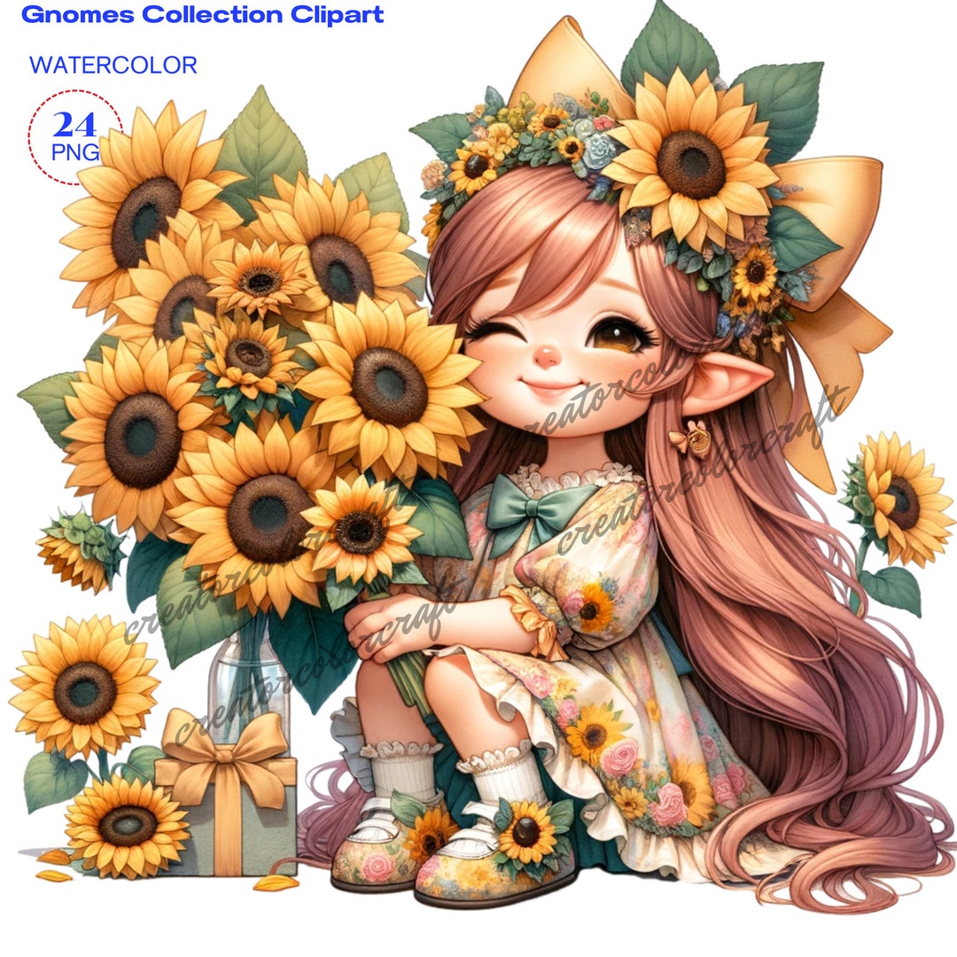 Sunflower Gnome Clipart, Bundle Png, Garden Clipart, Spring Gnome Png ...