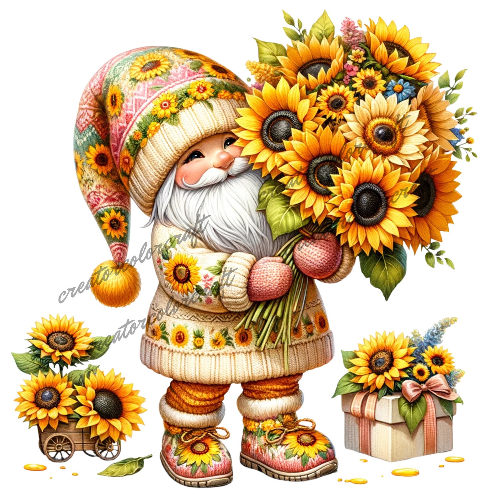 Sunflower Gnome Clipart, Bundle Png, Garden Clipart, Spring Gnome Png ...