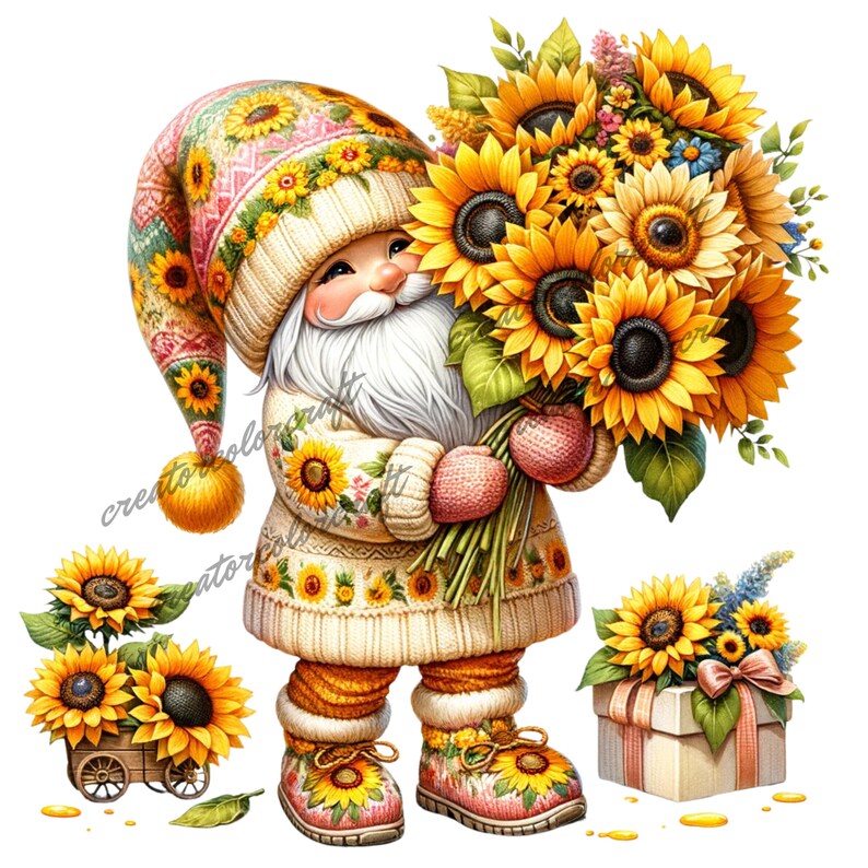 Sunflower Gnome Clipart, Bundle Png, Garden Clipart, Spring Gnome Png ...