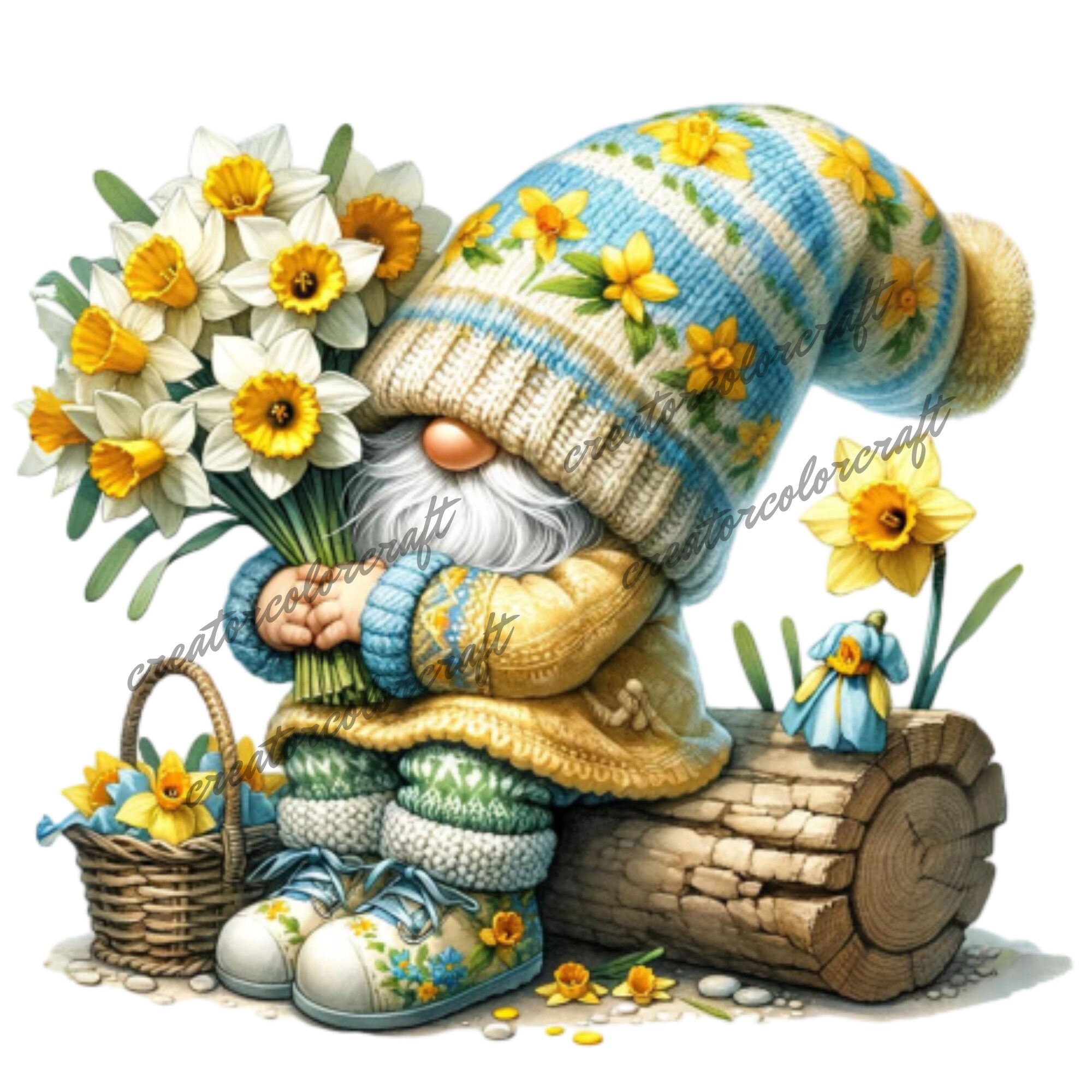 Daffodil Gnome Clipart, Bundle Png, Garden Clipart, Spring Gnome Png, Gnome With Flowers, Summer ...