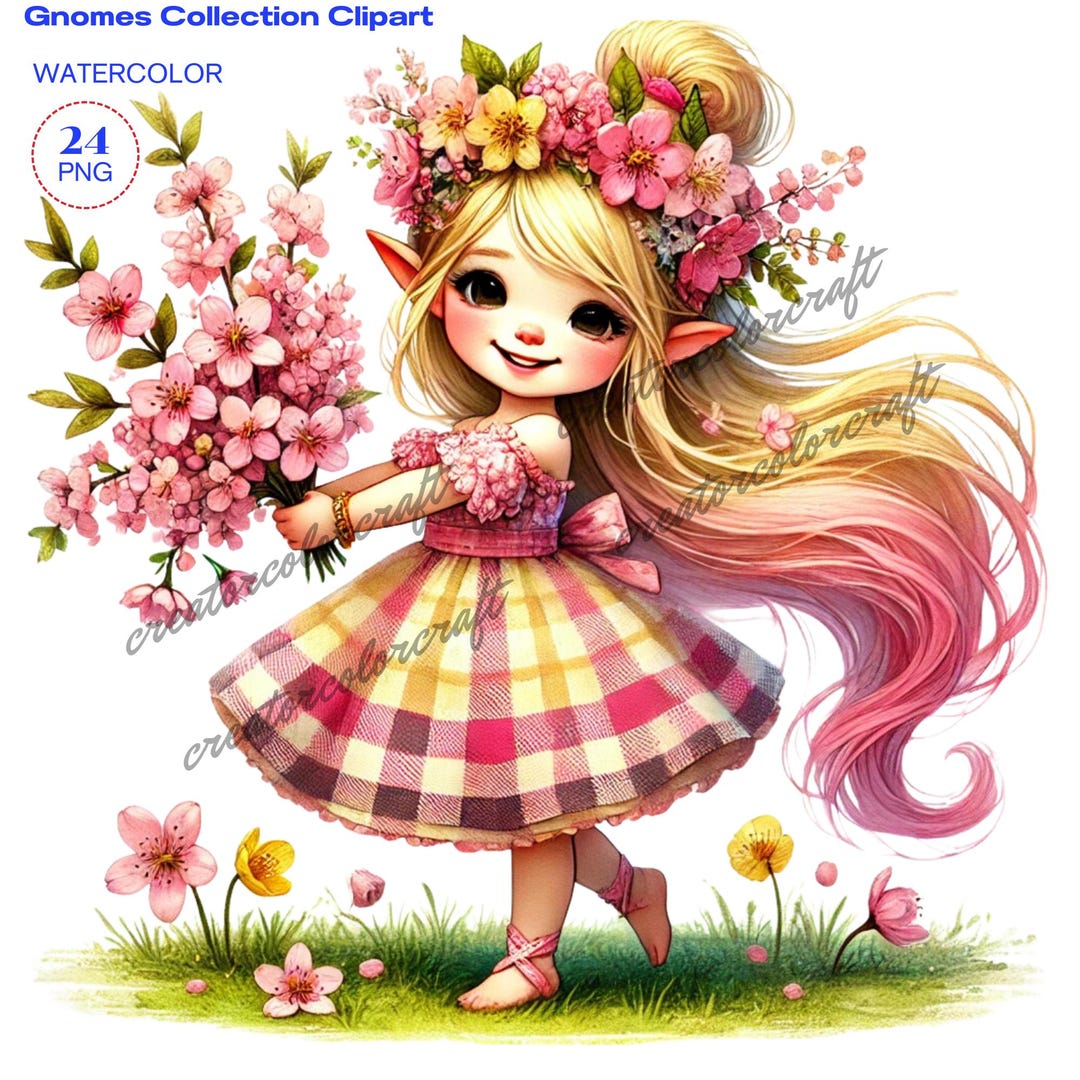 Pink Cherry Blossom Gnome Clipart, Bundle Png, Garden Clipart, Spring ...