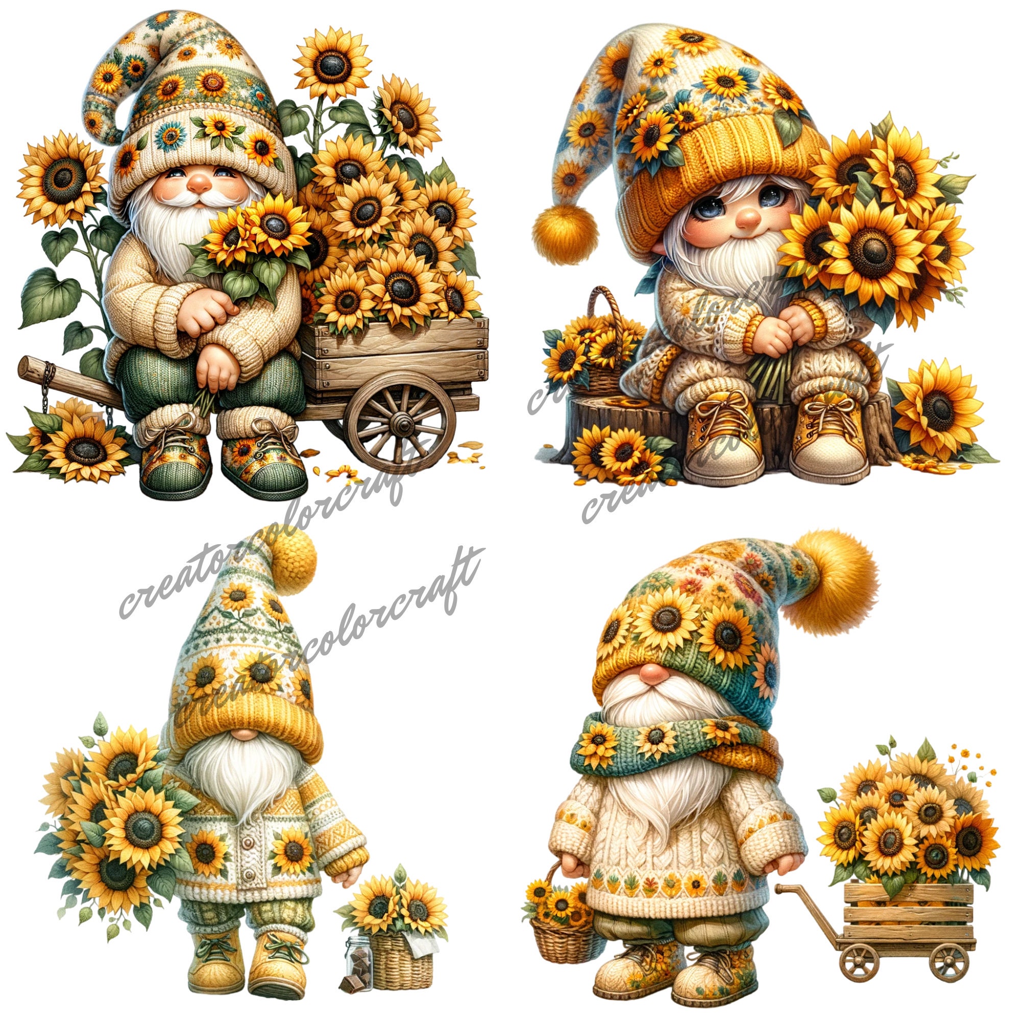 Sunflower Gnome Clipart, Bundle Png, Garden Clipart, Spring Gnome Png ...