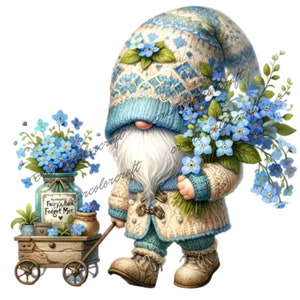 Forget Me Not Gnome Clipart, Bundle Png, Garden Clipart, Spring Gnome ...