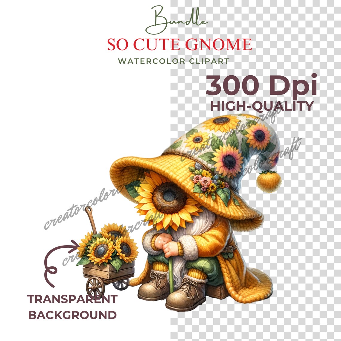 Sunflower Gnome Clipart, Bundle Png, Garden Clipart, Spring Gnome Png ...